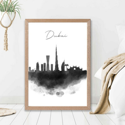 Dubai Watercolour Skyline City Framed Print SIZE: A2 with Oak Frame