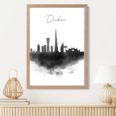 Dubai Watercolour Skyline City Framed Print SIZE: A3 with Oak Frame