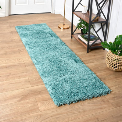 Duck Egg Blue Thick Shaggy Rug - California - 60x230cm (2'x7'8") at B&Q
