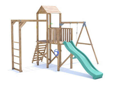 Dunster House Climbing Frame with Swing, Slide, & Bars BalconyFort High ...