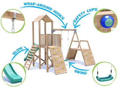 Dunster House Climbing Frame with Swing, Slide, Climbing Wall ...