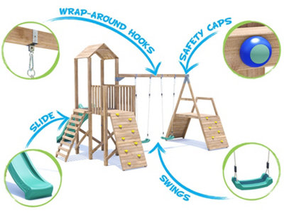 Dunster House Climbing Frame with Swings, Slide, Climbing Wall ...