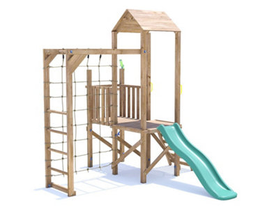 Dunster House Wooden Climbing Frame with Monkey Bars, Cargo Net & Slide ...
