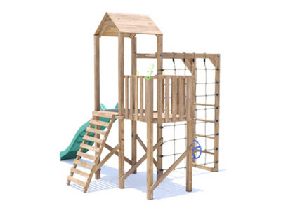 Dunster House Wooden Climbing Frame with Monkey Bars, Cargo Net & Slide ...