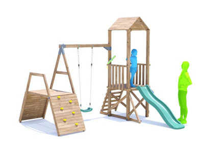 Dunster House Wooden Climbing Frame with Swing, Climbing Wall & Slide ...
