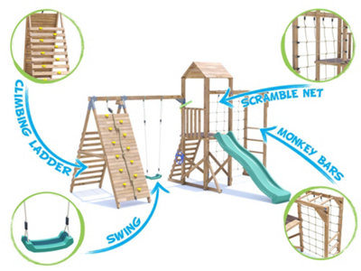 Dunster House Wooden Climbing Frame with Swing, Tall Climbing Wall ...