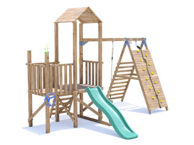 Dunster House Wooden Climbing Frame with Swing, Tall Climbing Wall ...
