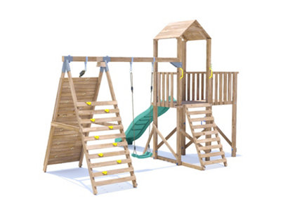 Dunster House Wooden Climbing Frame with Swing, Tall Climbing Wall ...