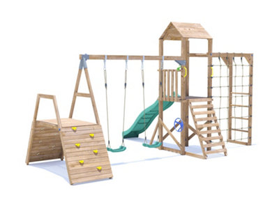 Dunster House Wooden Climbing Frame with Two Swings, Climbing Wall ...