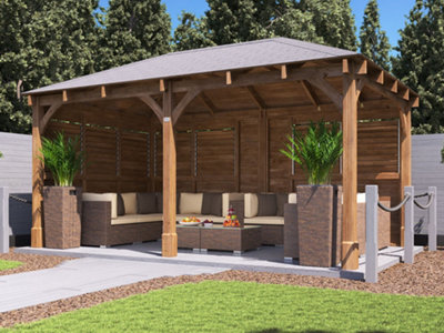Dunster House Wooden Gazebo Kit Louvre Wall 5m x 3m with Roof Shingles ...