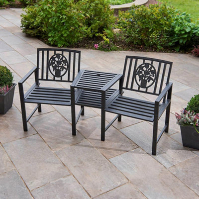 Duo Garden Bench & Table - Weatherproof Bronze Finish Metal Outdoor ...