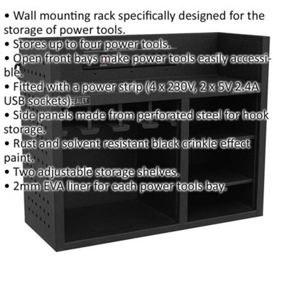 Durable 760mm Power Tool Storage Rack with Power Strip for 4 Tools