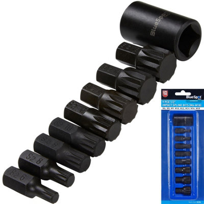 Durable 9 Piece Impact Spline Bit Set by BlueSpot Tools