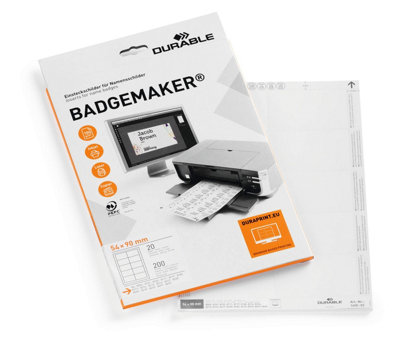 Durable BADGEMAKER Printable Name Badge Inserts - 200 Cards - 54x90mm