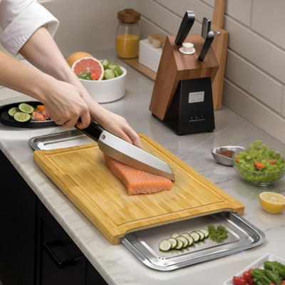 Durable Bamboo Chopping Board with Sliding Stainless Steel Trays, Eco ...