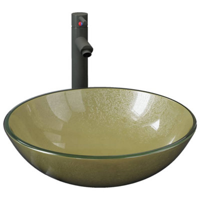 Durable Bathroom Sink with Tap and Push Drain Gold Tempered Glass
