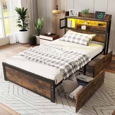 Durable Metal 3FT Single Bed Frame with LED Lights, 2 Storage Drawers ...