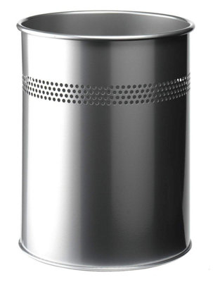 Durable Round Steel Waste Bin - 30mm Perforated Ring - 15L - Silver