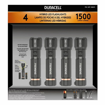 Duracell 1500 Lumen Dual Power Flashlight 4 Pack, USB-C Rechargeable ...