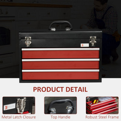 DURHAND Lockable 3 Drawer Tool Chest with Ball Bearing Slide Drawers Black