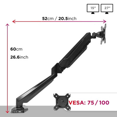 Duronic DMUSB5X1 1-Screen Monitor Arm with USB Ports, Desk Clamp, VESA ...