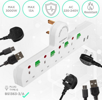 Duronic Plug Adapter with USB S125W 4 Way White Multi Plug Extension ...