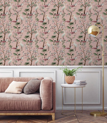 Dusky Pink Blossom & Birds Wallpaper