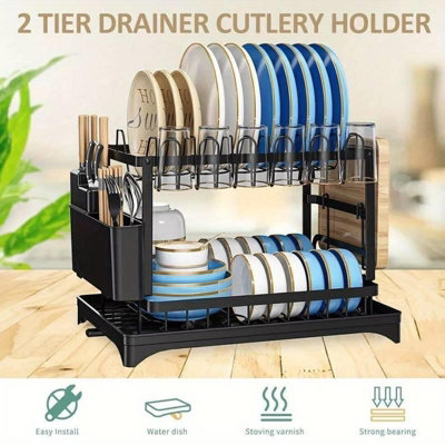 Dyzi Black 2-Tier Dish Drainer Rack Drip Tray Utensil Holder Sturdy ...