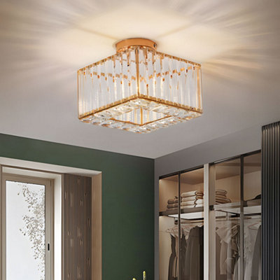 E27 Gold Semi Flush Mount Ceiling Light with Transparent Crystal Shade, 20W
