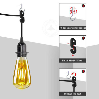 E27 Plug in Black Light Socket Cord Ceiling Hanging Lights - 2m