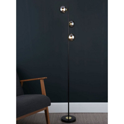 Eaen 3 Light Black and Gold Floor Lamp with Smoked Glass