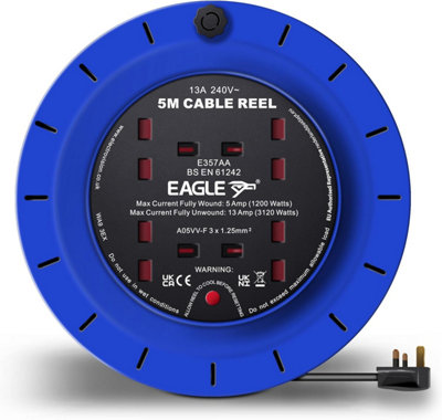 Eagle 4 x UK Socket Extension Reel with Cassette Type Holder, Restable ...