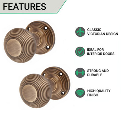 EAI Antique Brass Door Knobs Reeded Beehive Design Mortice Type 55mm Sprung