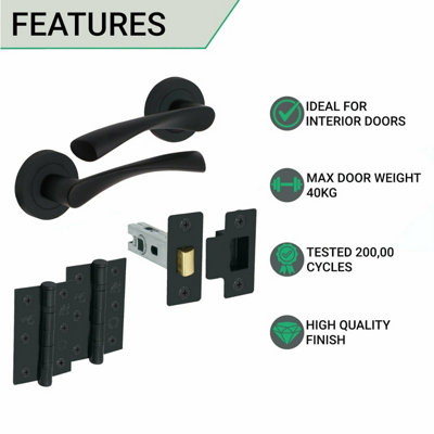 EAI - Black Door Handles Swept Lever on Rose Latch Kit / Pack - 78mm ...
