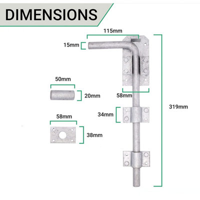 EAI - Gate Bolt Garage Drop Down Bolt with Fixings - 300mm 12" - Galvanised