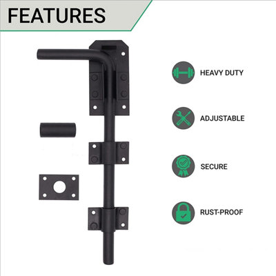 EAI - Gate Bolt Garage Drop Down Bolt with Fixings - 300mm 12 inch - Black