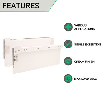 EAI - Metal Drawer Box System Pack 30kg H118 x L270mm Ext 75% Cream ...