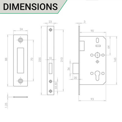EAI Mortice Deadlock DIN Standard - 90mm Case 64mm Backset - Satin ...