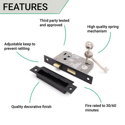 EAI Sashlock 80mm / 57mm Backset BLACK 3 lever for Internal Wooden Door ...