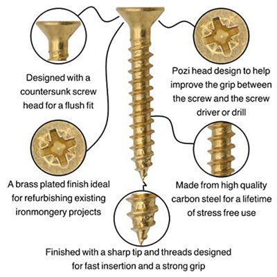 EAI - Spare Hinge Screws Pack 100 Pozi Wood Screw Countersunk - 5.0x30mm - Brass - Pack of 100