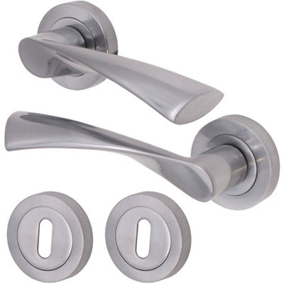 EAI - Swept Door Handle and Keyhole Escutcheon - 140mm x 50mm - Satin ...