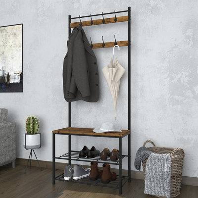 Ealing Pine Hallway Unit with Coat Rack Black Metal Frame Rustic Wood ...