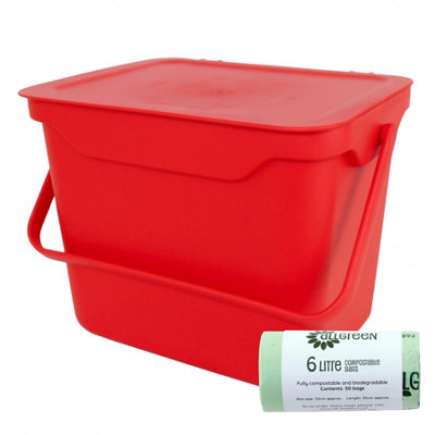 Easy Eco 5L Red Kitchen Compost Caddy/Food Waste Bin & 50 x 6 Litre ...
