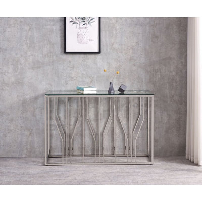 ECASA Aria Silver Chrome Console Table Clear Tempered Glass Top