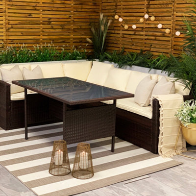 ECASA Barcelona 7 Seater Brown Rattan Corner Sofa Dining Set With Cream ...