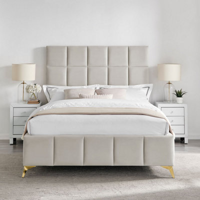 ECASA Imogen Cream Velvet Bed King Size 5FT Ottoman Storage Gas Lift ...