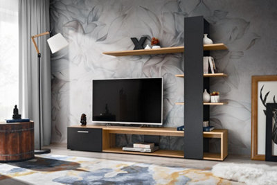 Eco Contemporary Entertainment Media Unit 1 Door Shelves Oak Wotan Effect Black W 1900mm H