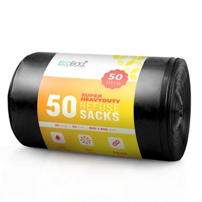 EcoBag 50 Pack Extra Strong Refuse Sacks 50L, 35 Microns Leak Resistant ...