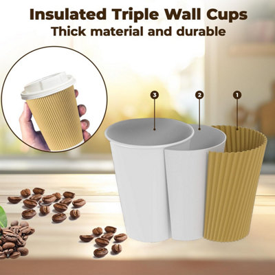 ECONX 12oz Takeaway Coffee Cups with White Lids Triple Walled Insulated Disposable Ripple Coffee Cups Pack
