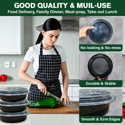 ECONX 48oz Round Black Plastic Meal Prep Container With Lids Reusable ...